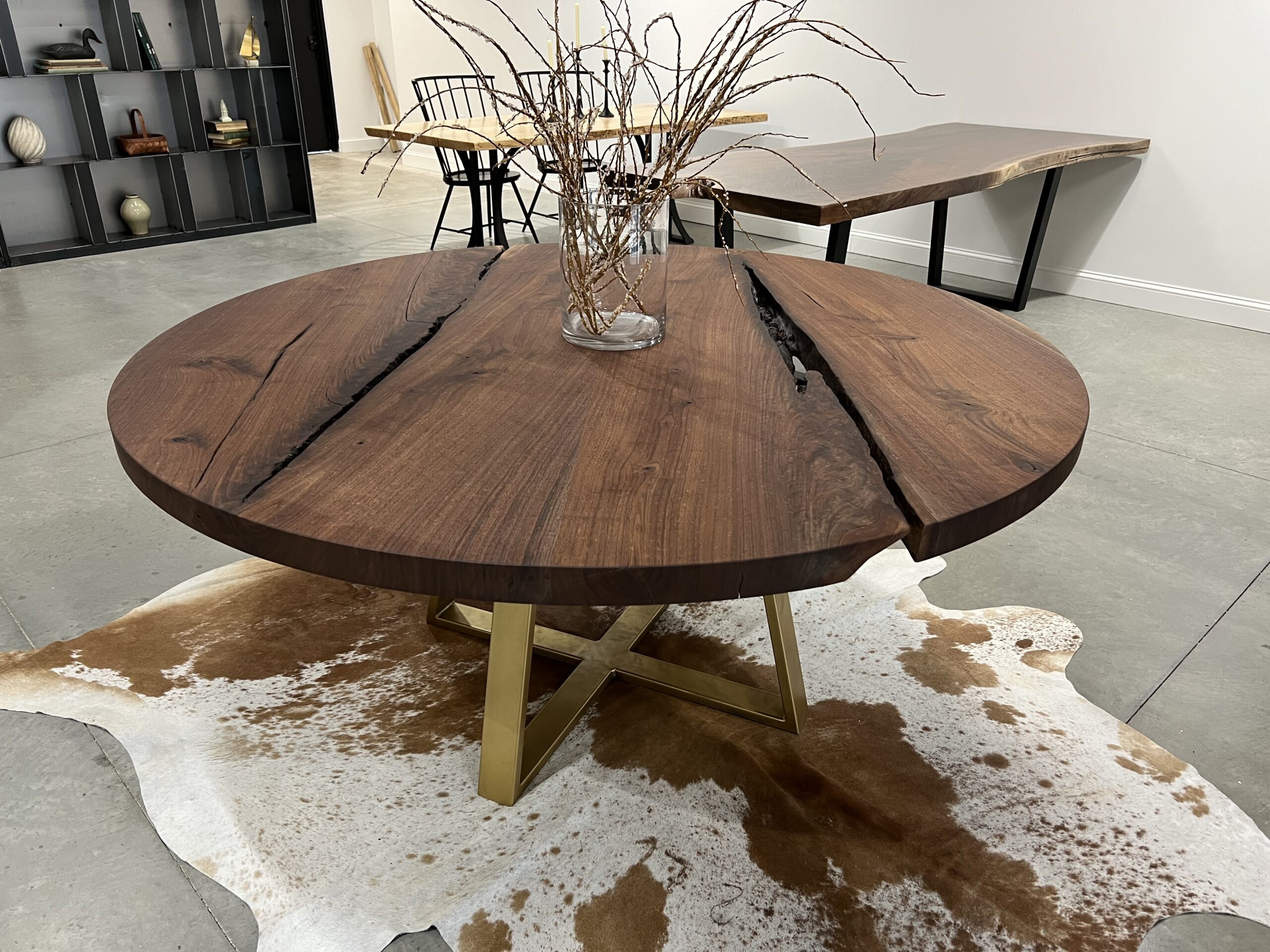 Large round walnut dining table store