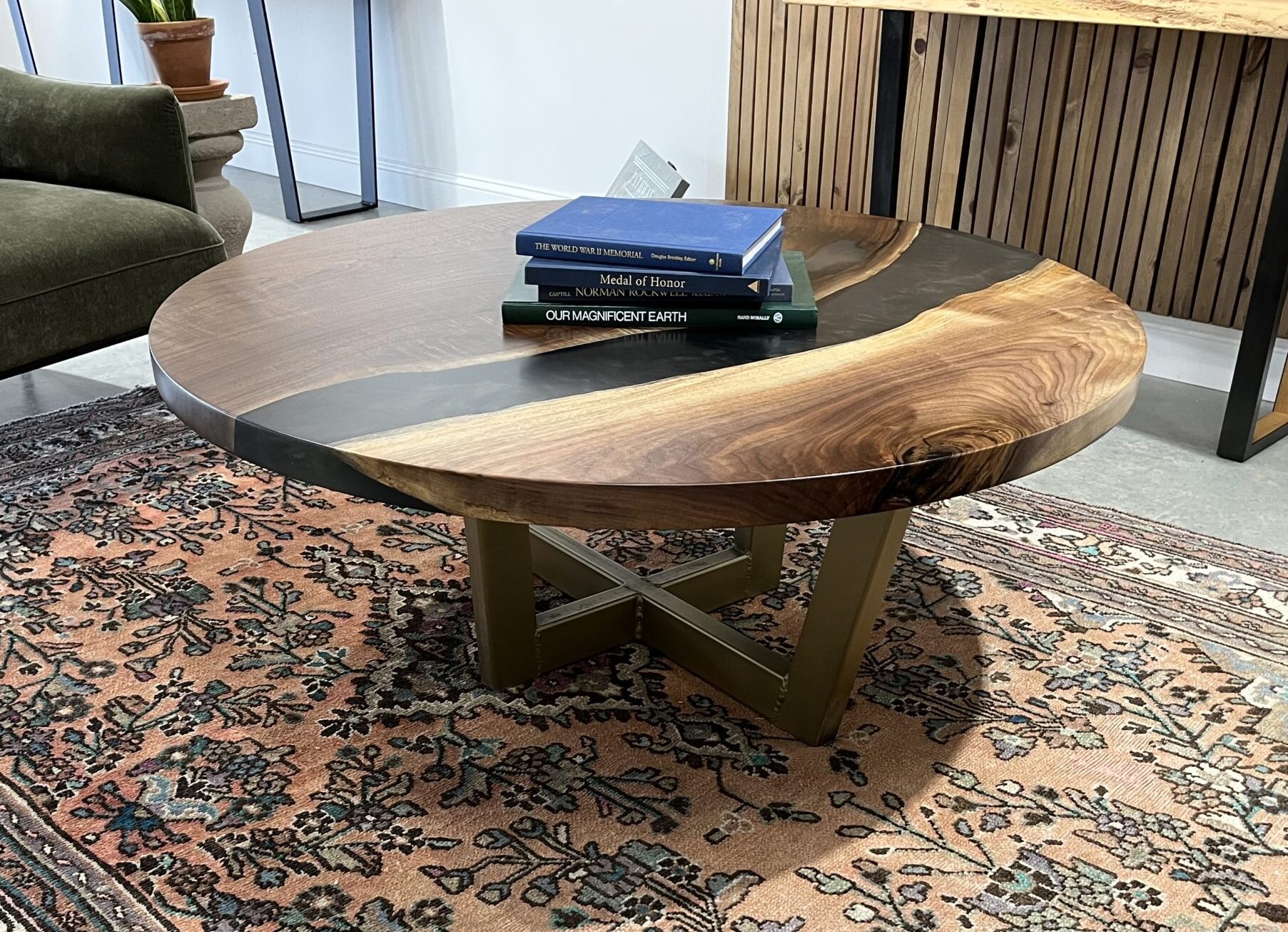 Round Walnut Coffee Table with Black and Gold Epoxy RiverYellowstone ...